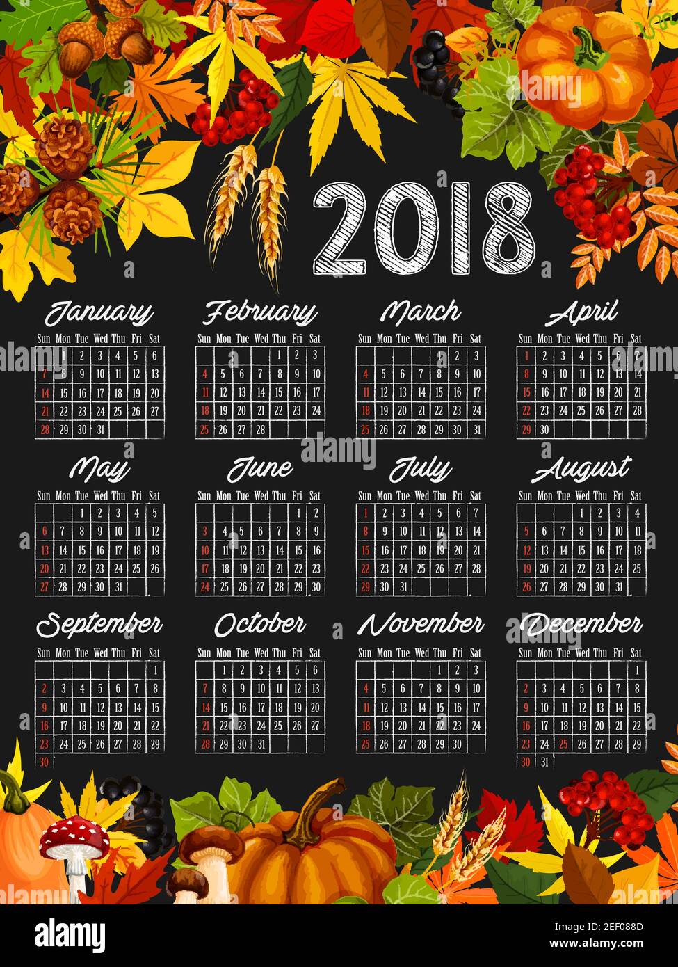 Autumn harvest calendar chalkboard template. Fall season leaf, pumpkin ...
