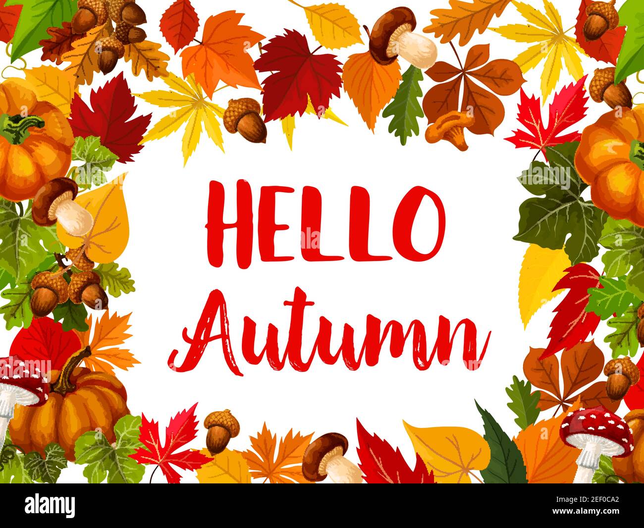 Hello Autumn greeting card with fall season nature frame. Fallen leaf ...