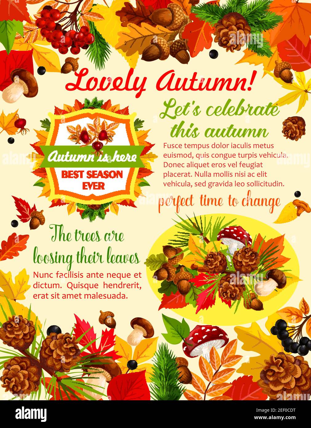 Autumn Season Banner Template With Fall Nature Leaf And Mushroom