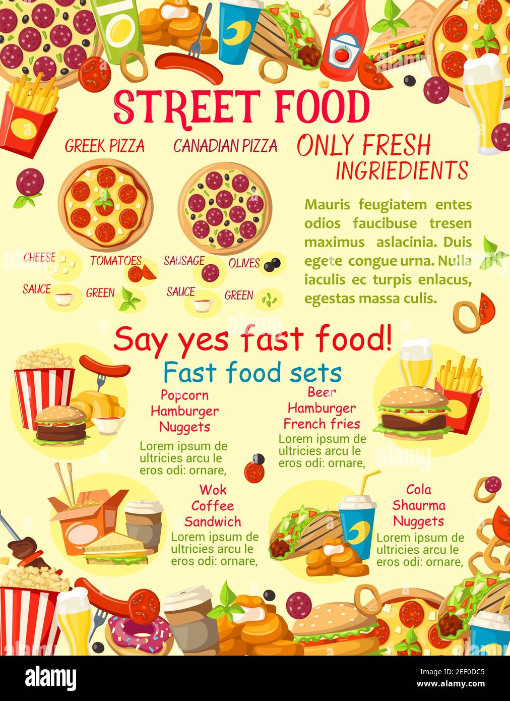 Fast food meals or street food snacks poster for fastfood restaurant ...