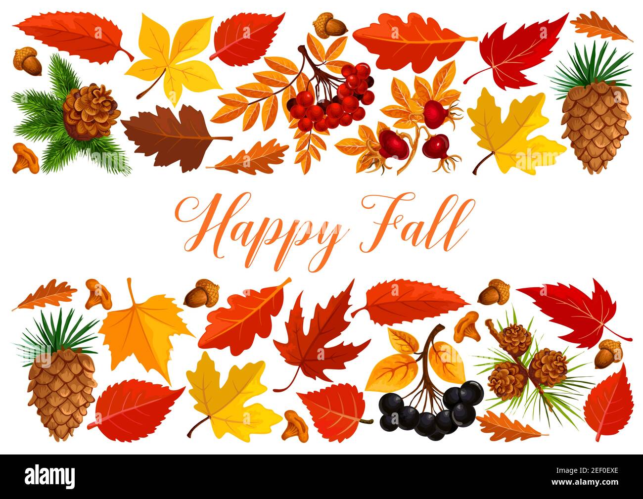Happy fall banner with autumn leaf and forest berry. Fallen leaves ...