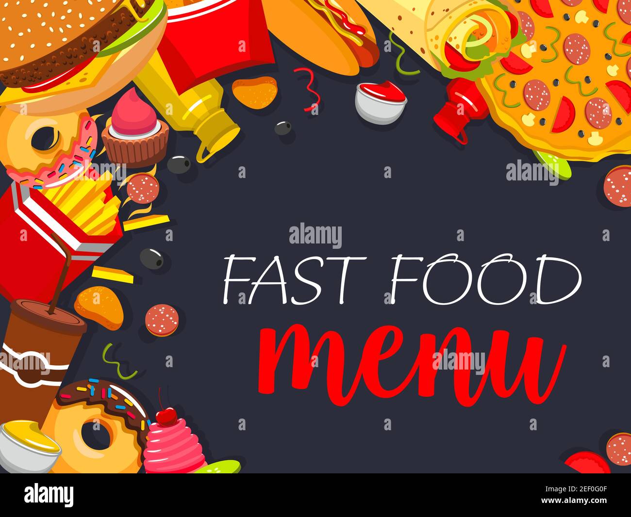 Fast food menu cover design template of fastfood meals, snacks and ...