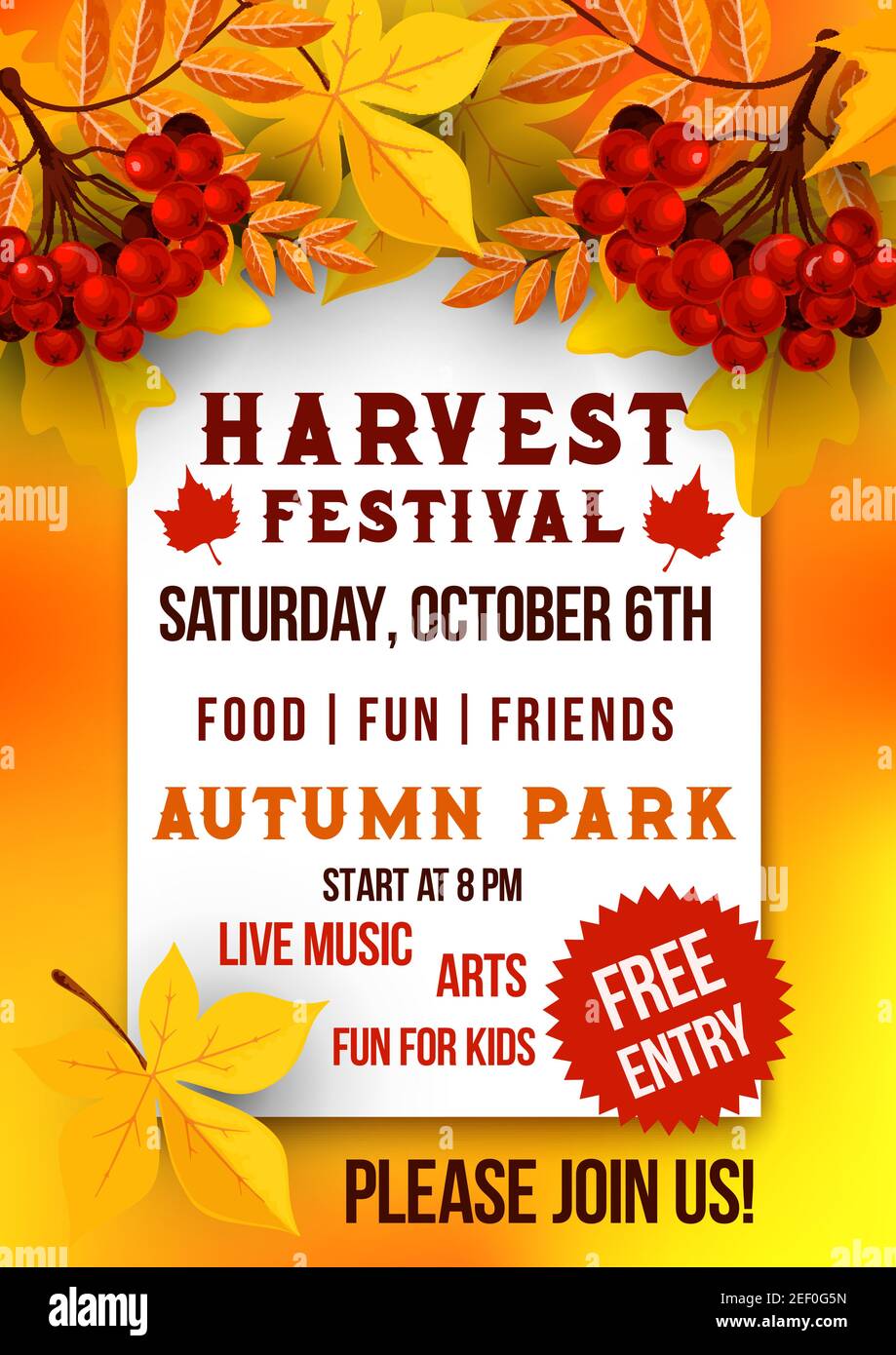 Harvest festival of autumn season poster template. Autumn leaf ...
