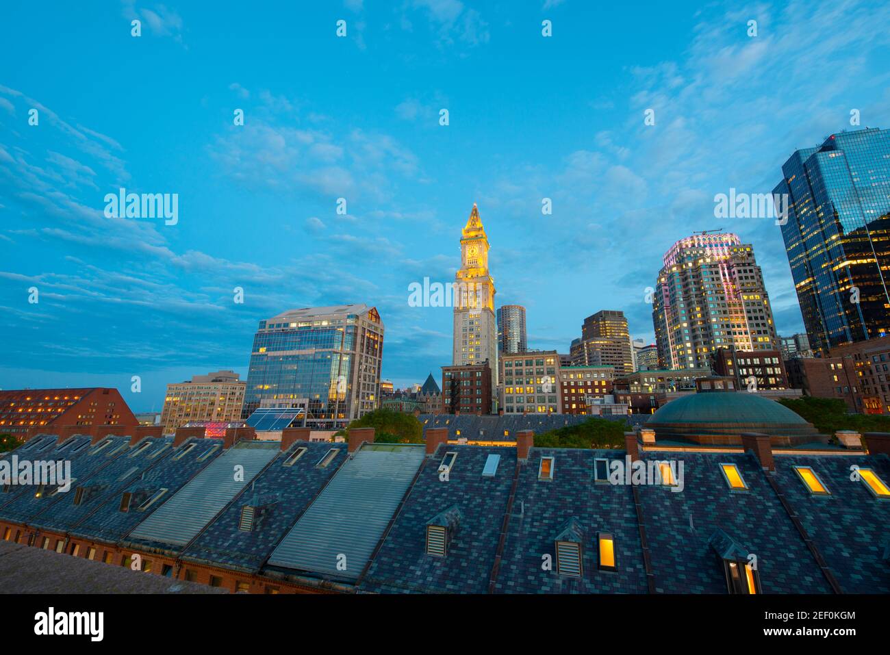 Boston Custom House and Financial District skyline at night, Boston ...