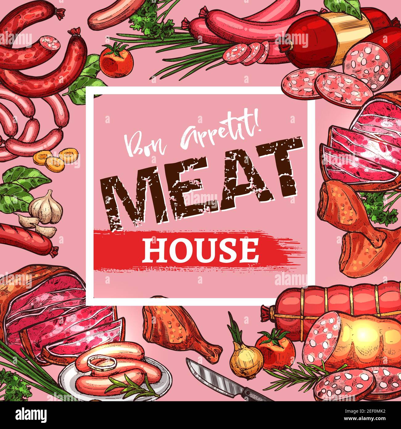 Meat house menu or poster sketch design template of meat delicatessen ...