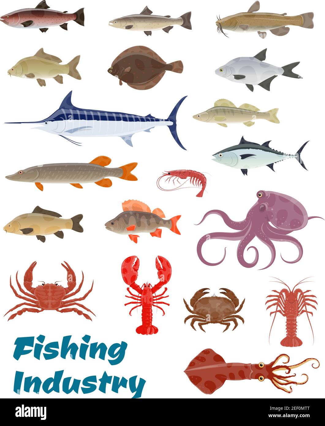 Fishing industry seafood and fresh fish catch icons. Vector set of sea ...