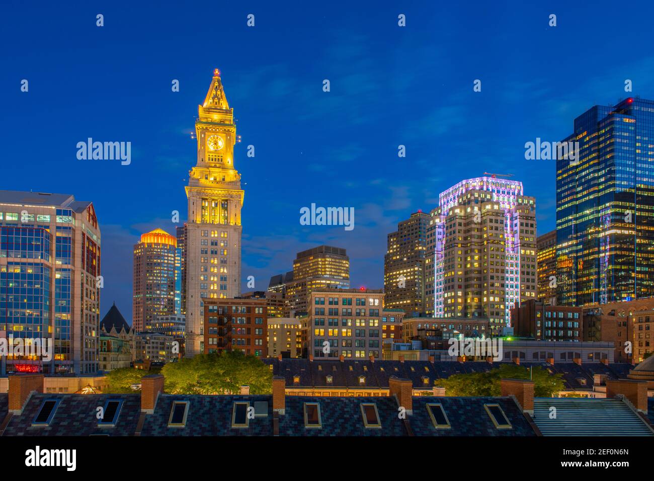 Boston Custom House and Financial District skyline at night, Boston ...