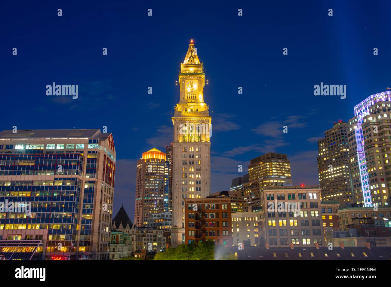 Boston Custom House and Financial District skyline at night, Boston ...
