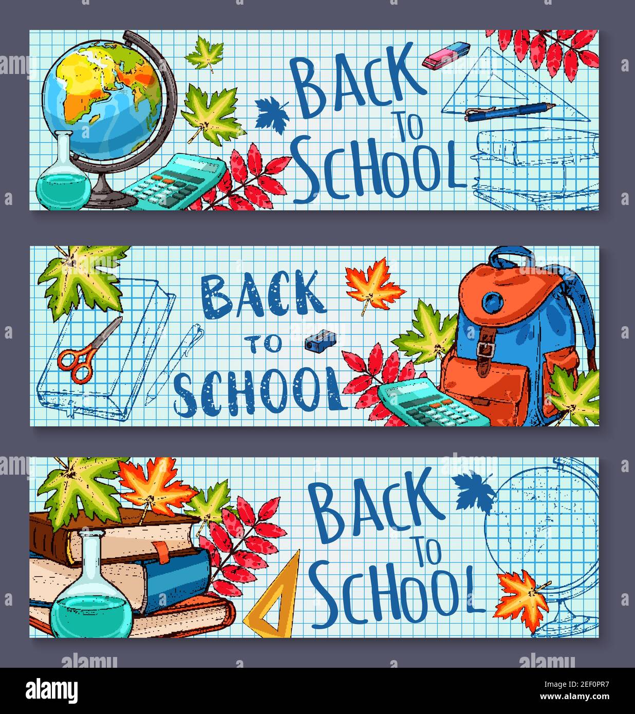 Back to School banners on checkered pattern page background. Vector ink ...