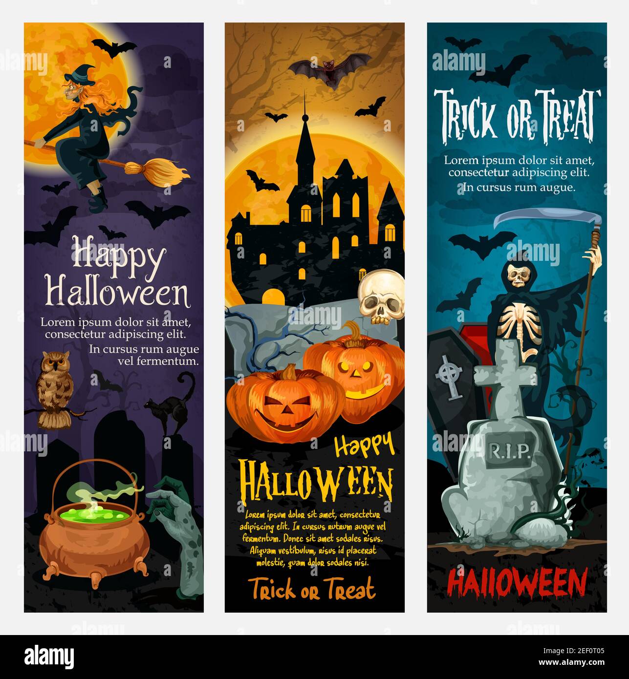 Happy Halloween holiday banner set. Flying bat and witch, horror ...