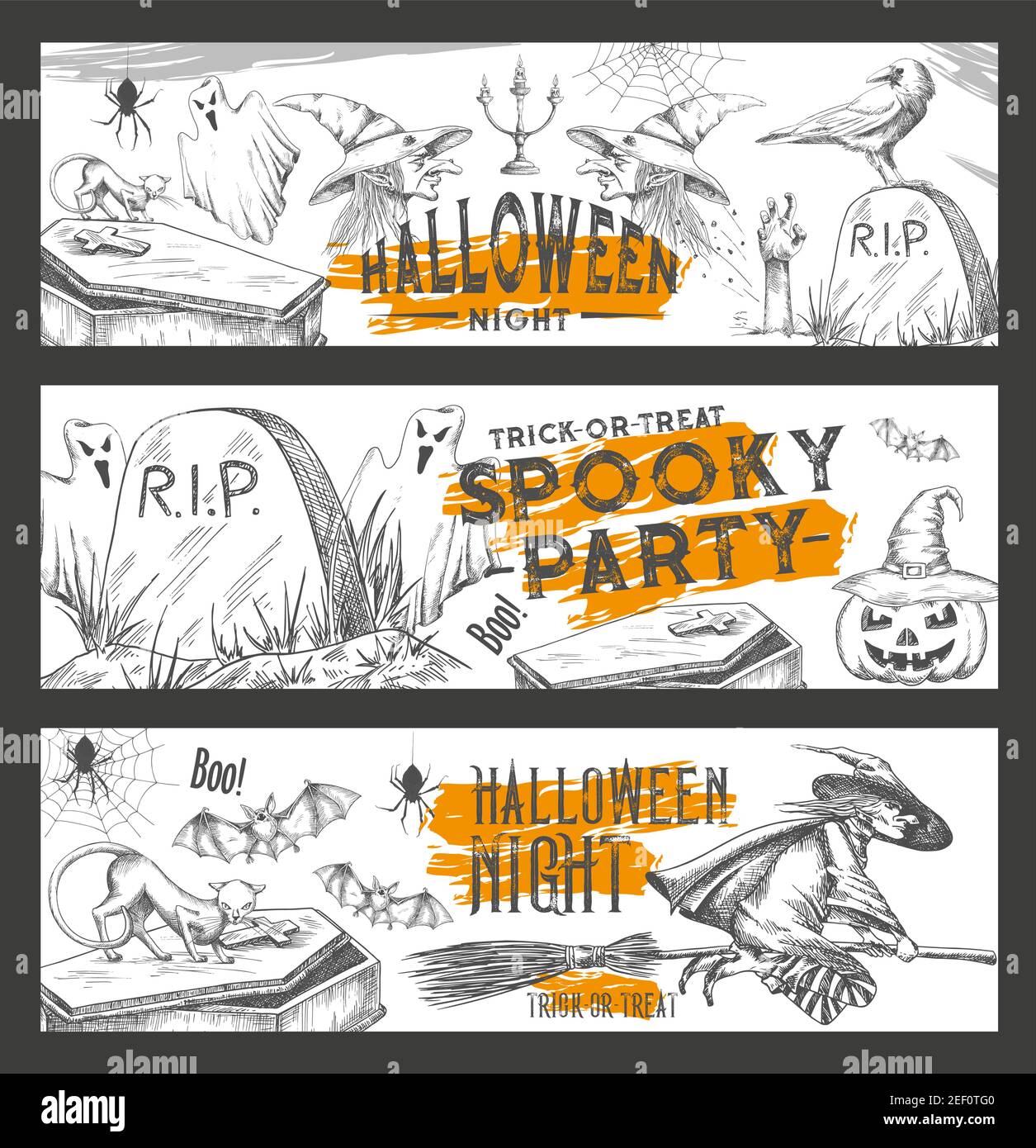 Halloween spooky party sketch banners for trick or treat horror night ...