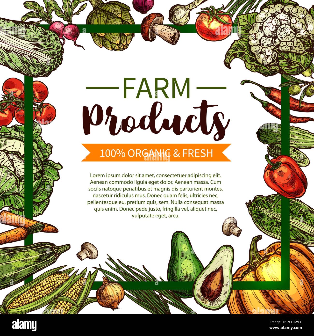 Vegetables and farm veggie products sketch poster for market or shop ...