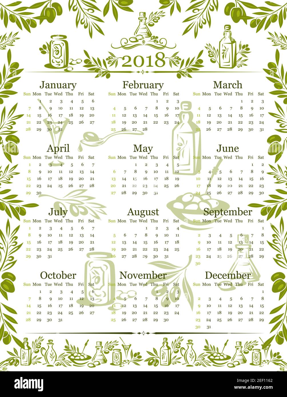 Calendar 2018 design template of olive oil and green and black olives ...