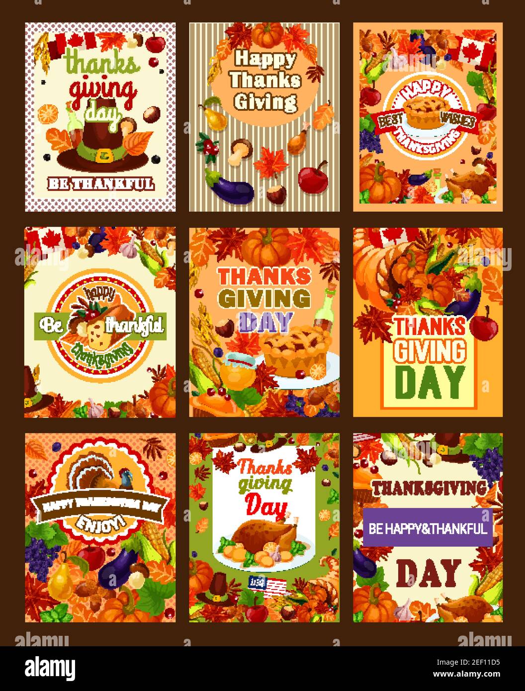Thanksgiving day greeting posters of turkey and wine, fruit pie ...