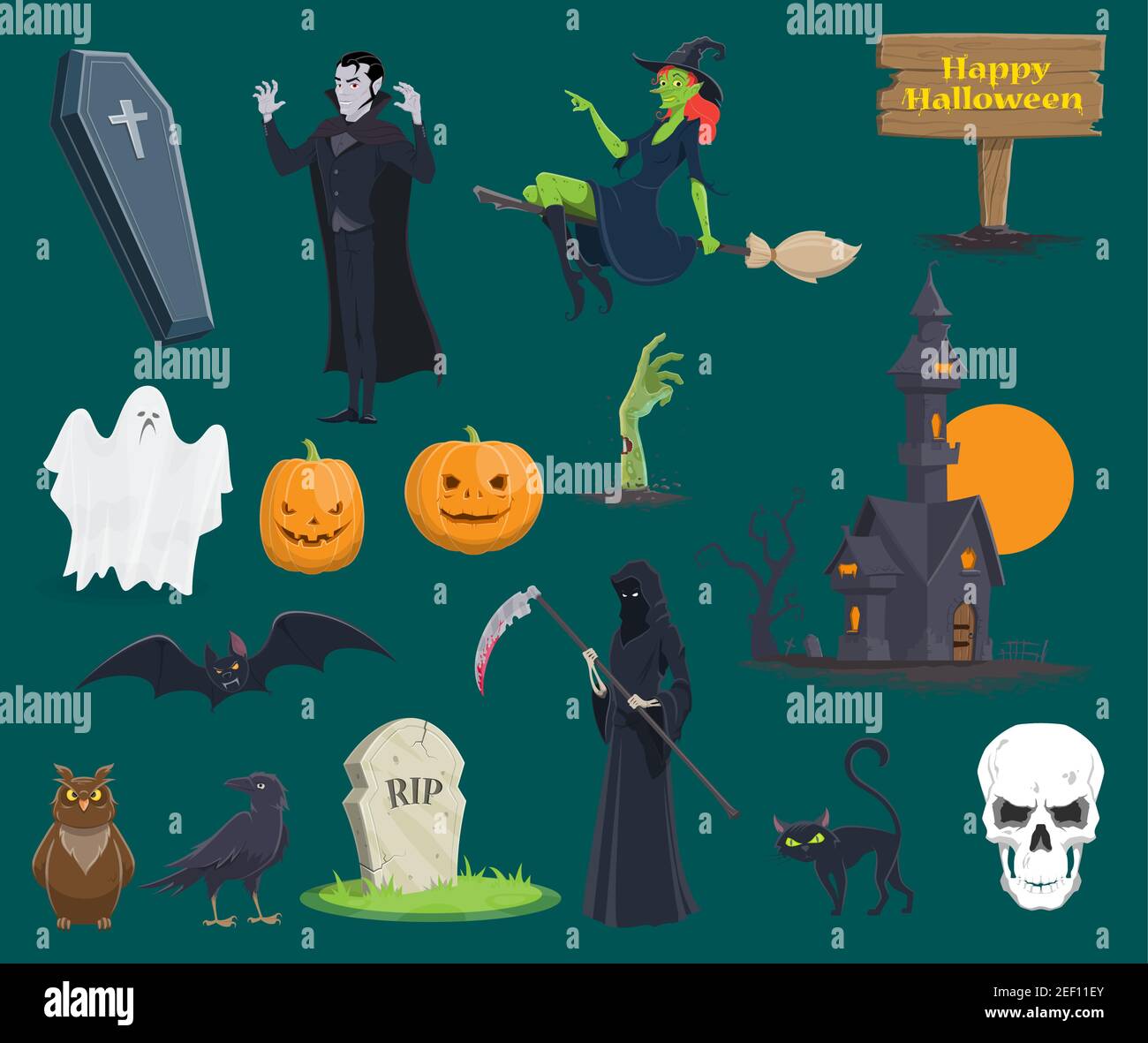Halloween icons set of pumpkin, monsters and witch or zombie and ...