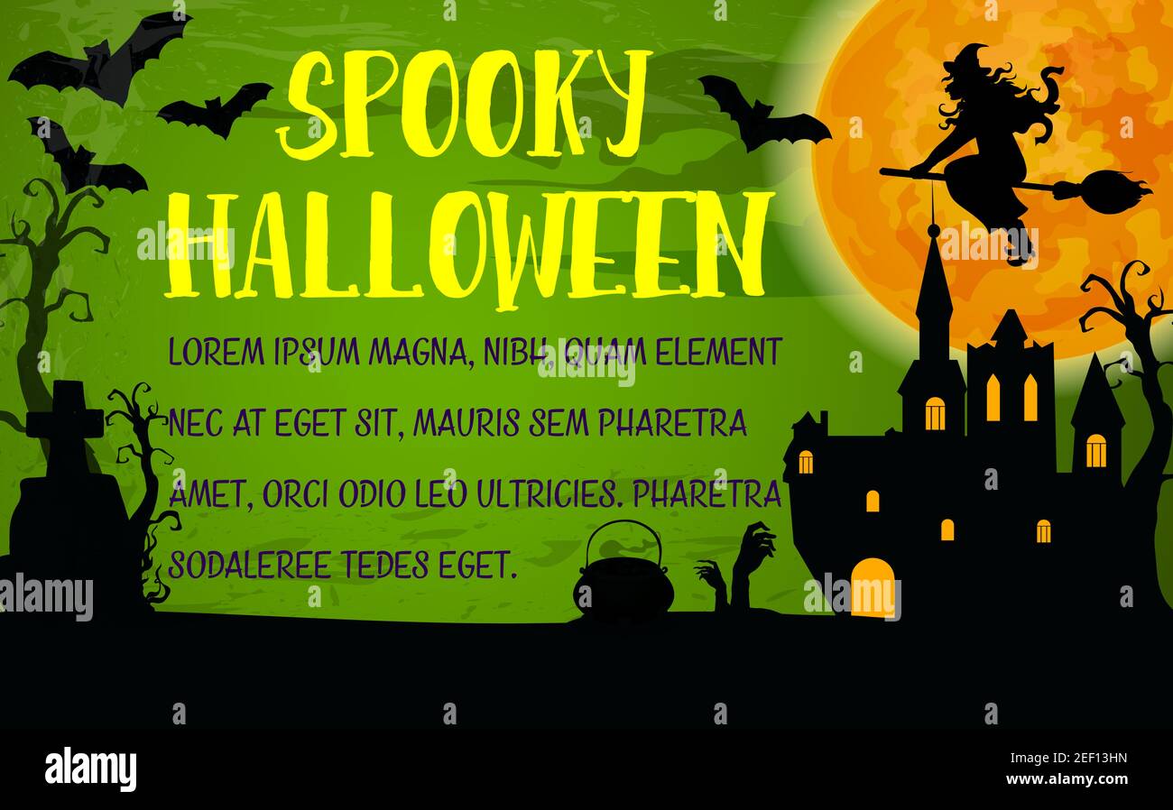 Spooky Halloween holiday poster template. Bat and witch flying in ...
