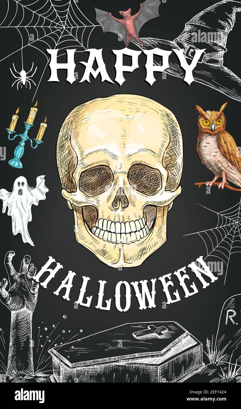 Happy Halloween greeting card or poster sketch design of skeleton ...