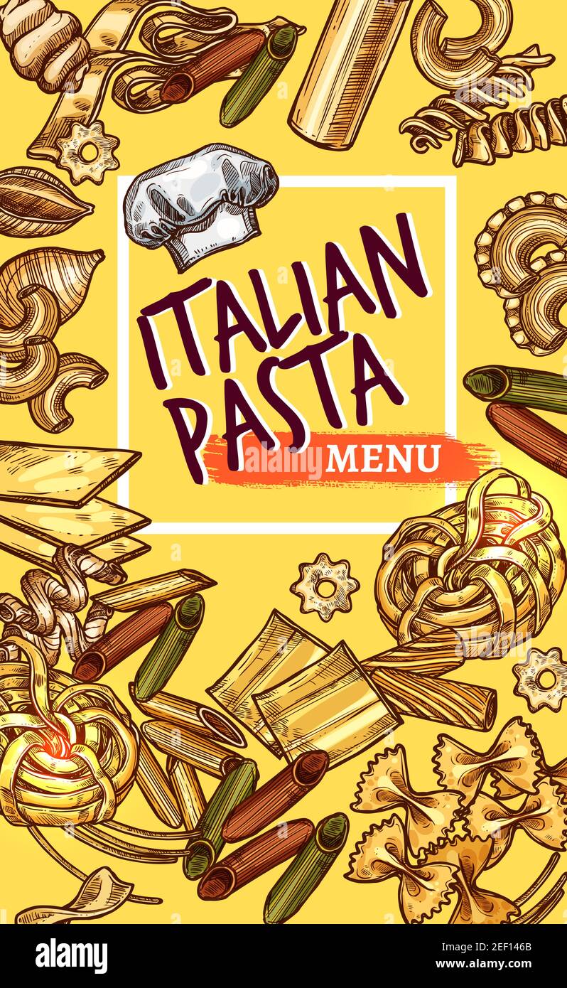 Italian pasta restaurant menu sketch design template. Vector poster of ...