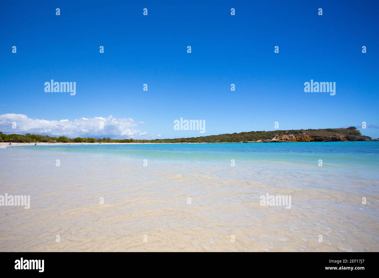 Idyllic beach scene with clear blue water, blue sky and sandy shore ...