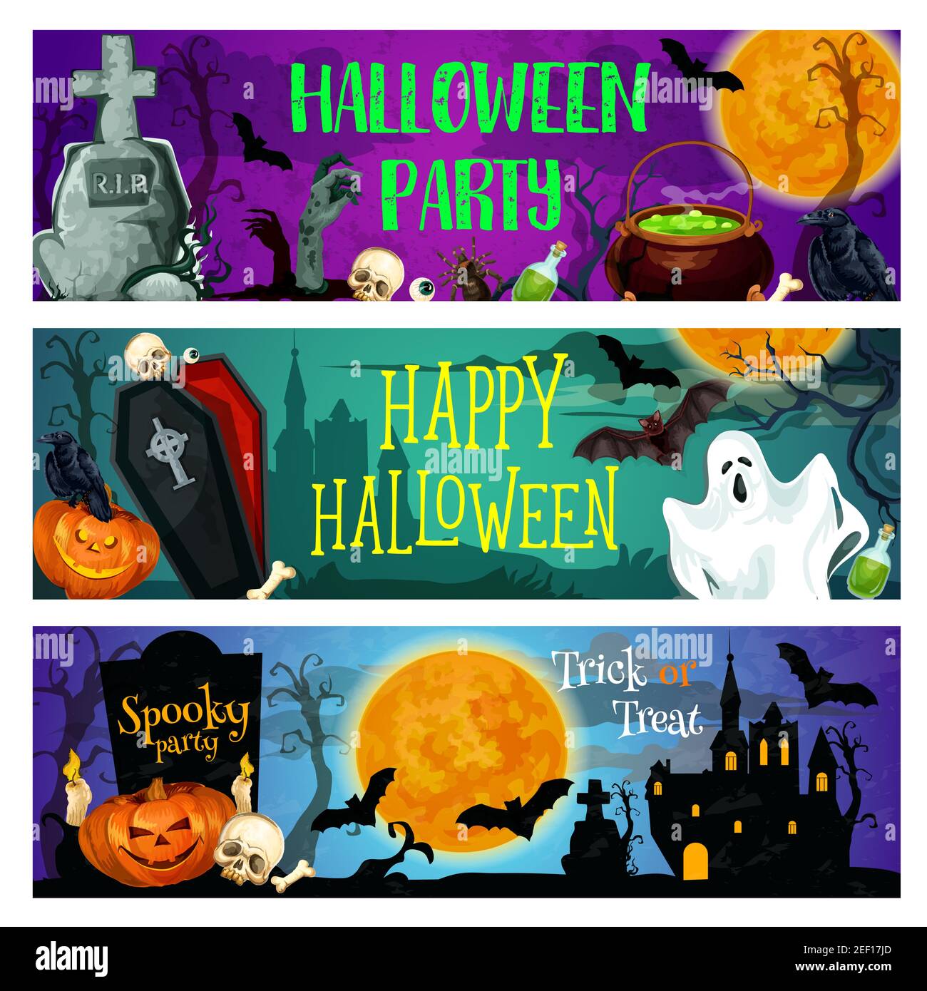 Halloween holiday spooky party banner set. Horror ghost and pumpkin ...