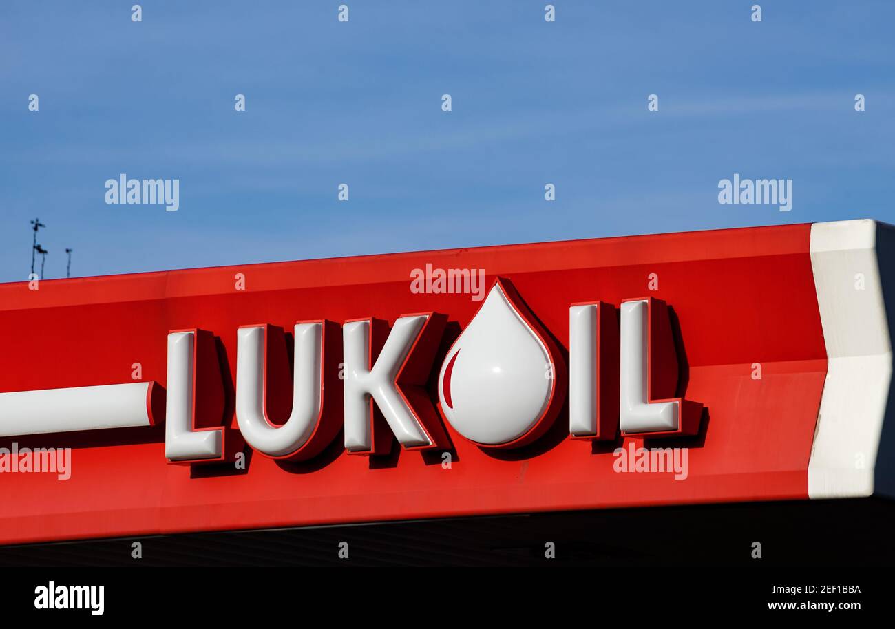 Bucharest, Romania - January 21, 2021: A Lukoil gas station signal is ...
