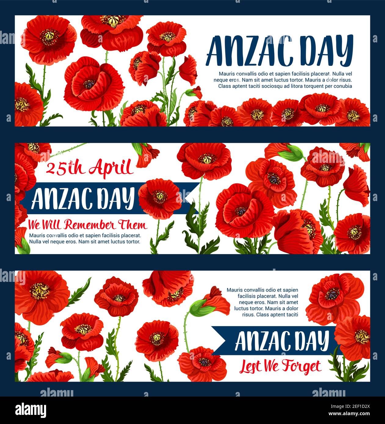 Anzac Day greeting banners of poppy bunch for Australian war ...
