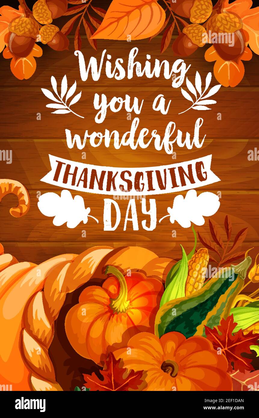 Thanksgiving Day cornucopia with autumn leaf on wooden background. Fall ...