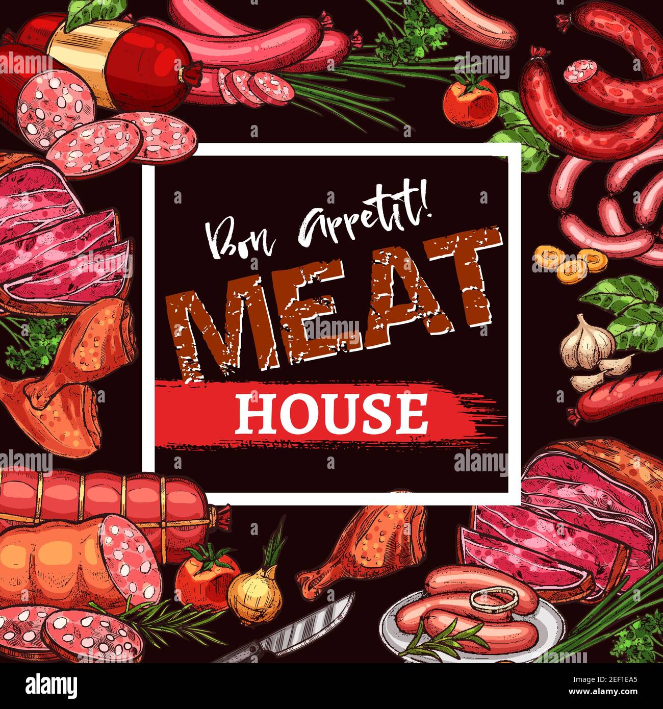 Meat house menu or poster of meat delicatessen, sausages and farm meaty ...