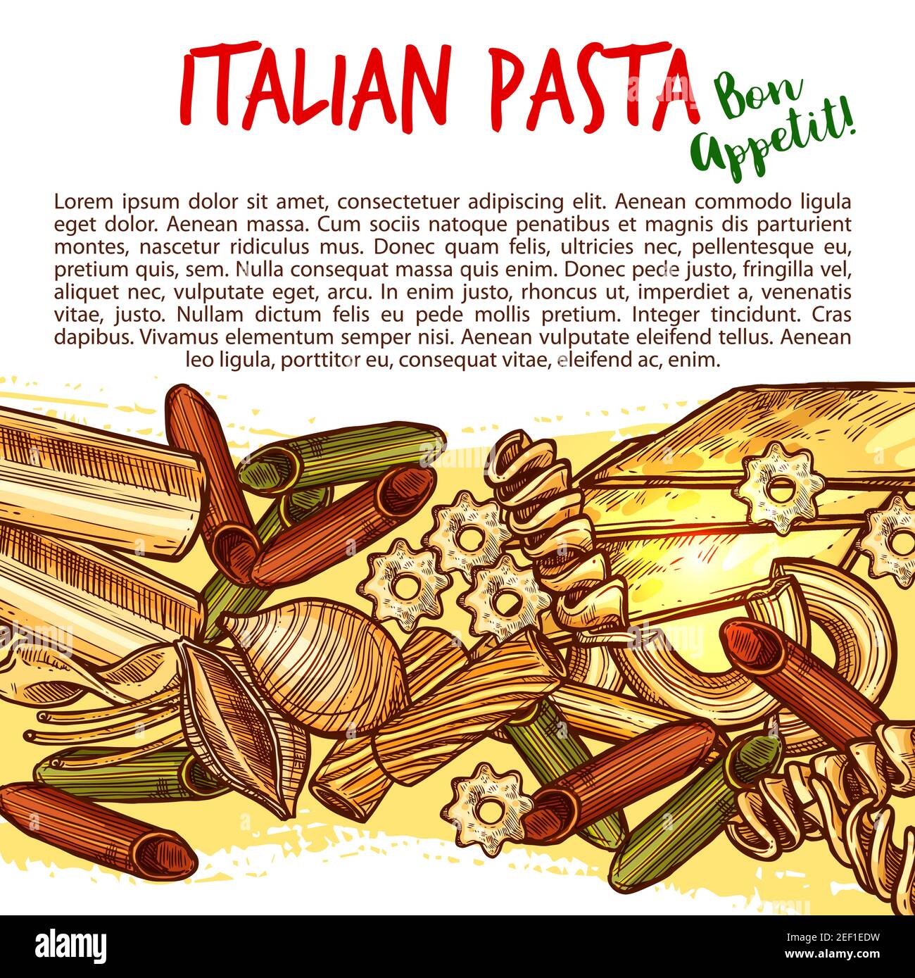 Italian pasta sketch poster with assortment of macaroni shapes ...