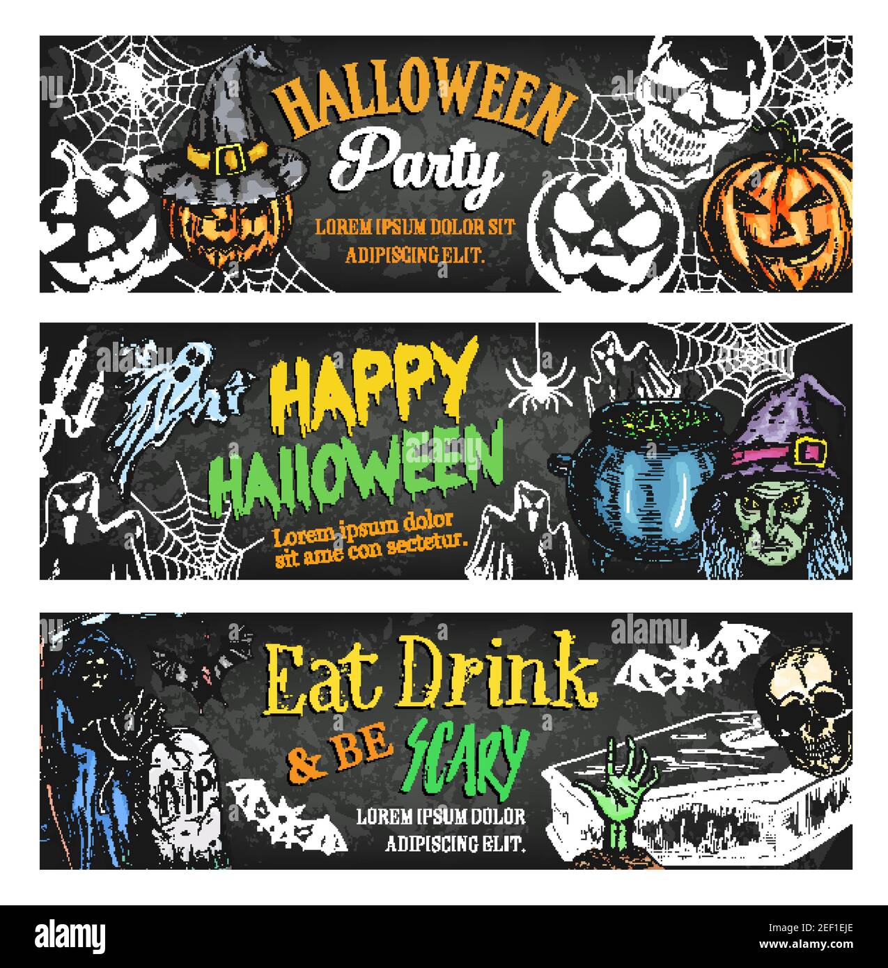 Halloween holiday horror or death party sketch banners for trick or ...