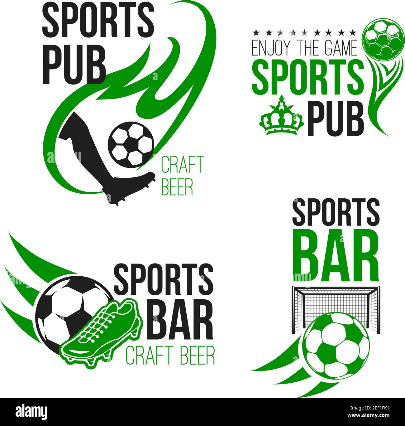 Sport pub icon with football game items. Soccer ball, player and goal ...