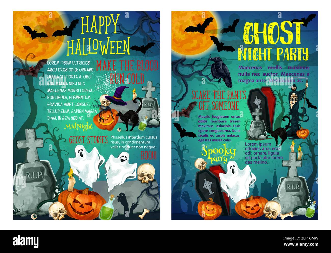 Halloween spooky ghost party invitation posters design of scary orange ...