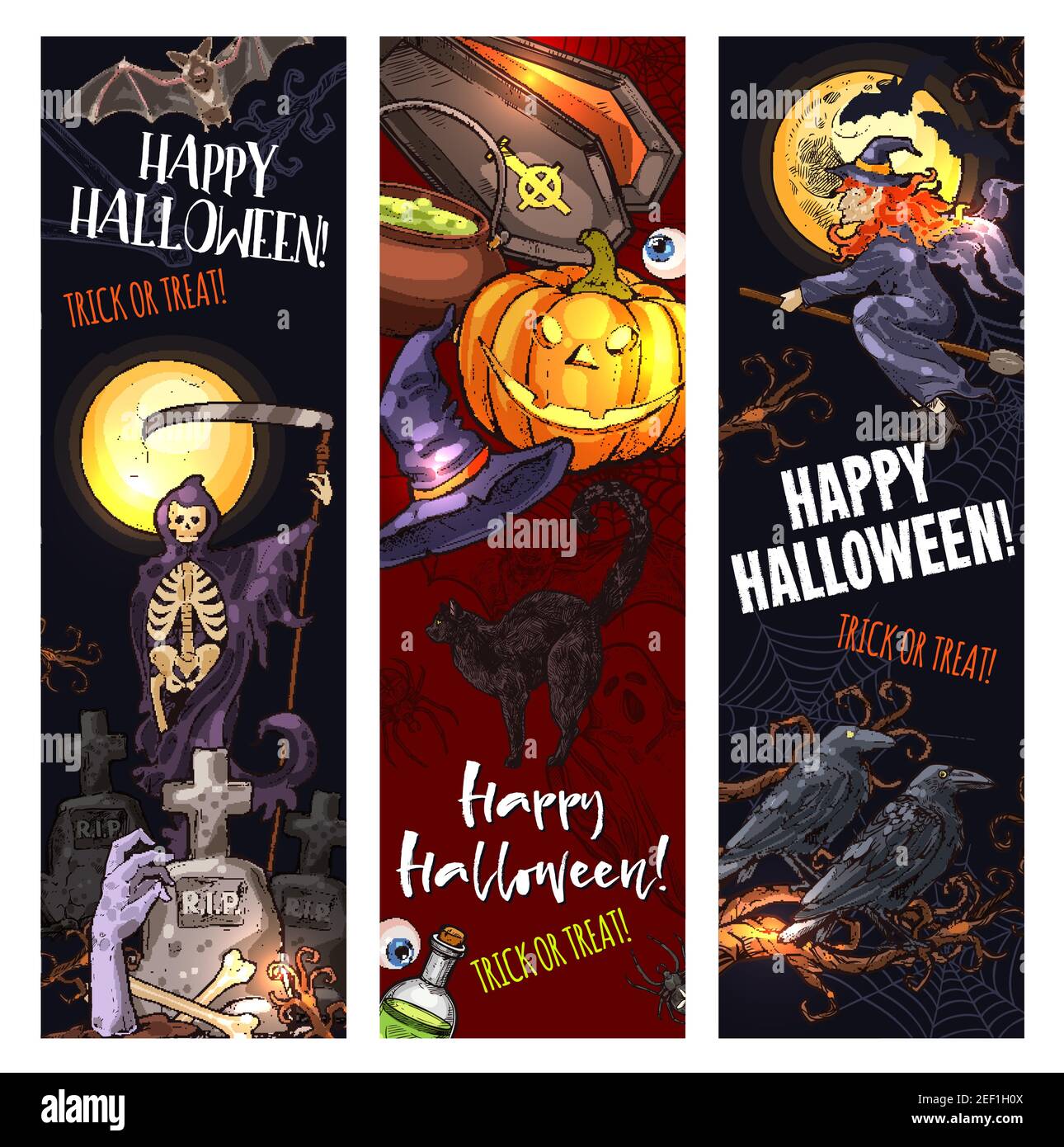 Halloween trick or treat holiday monsters sketch banners for spooky ...