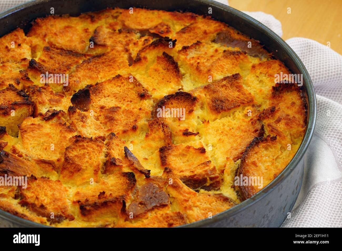 Dish of challah bread pudding Stock Photo - Alamy
