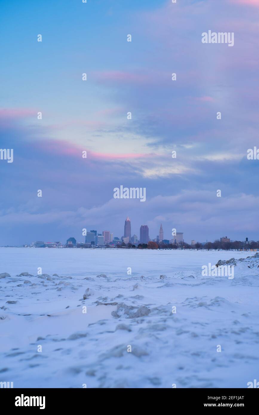Cleveland ohio skyline during winter with frozen lake erie Stock Photo ...