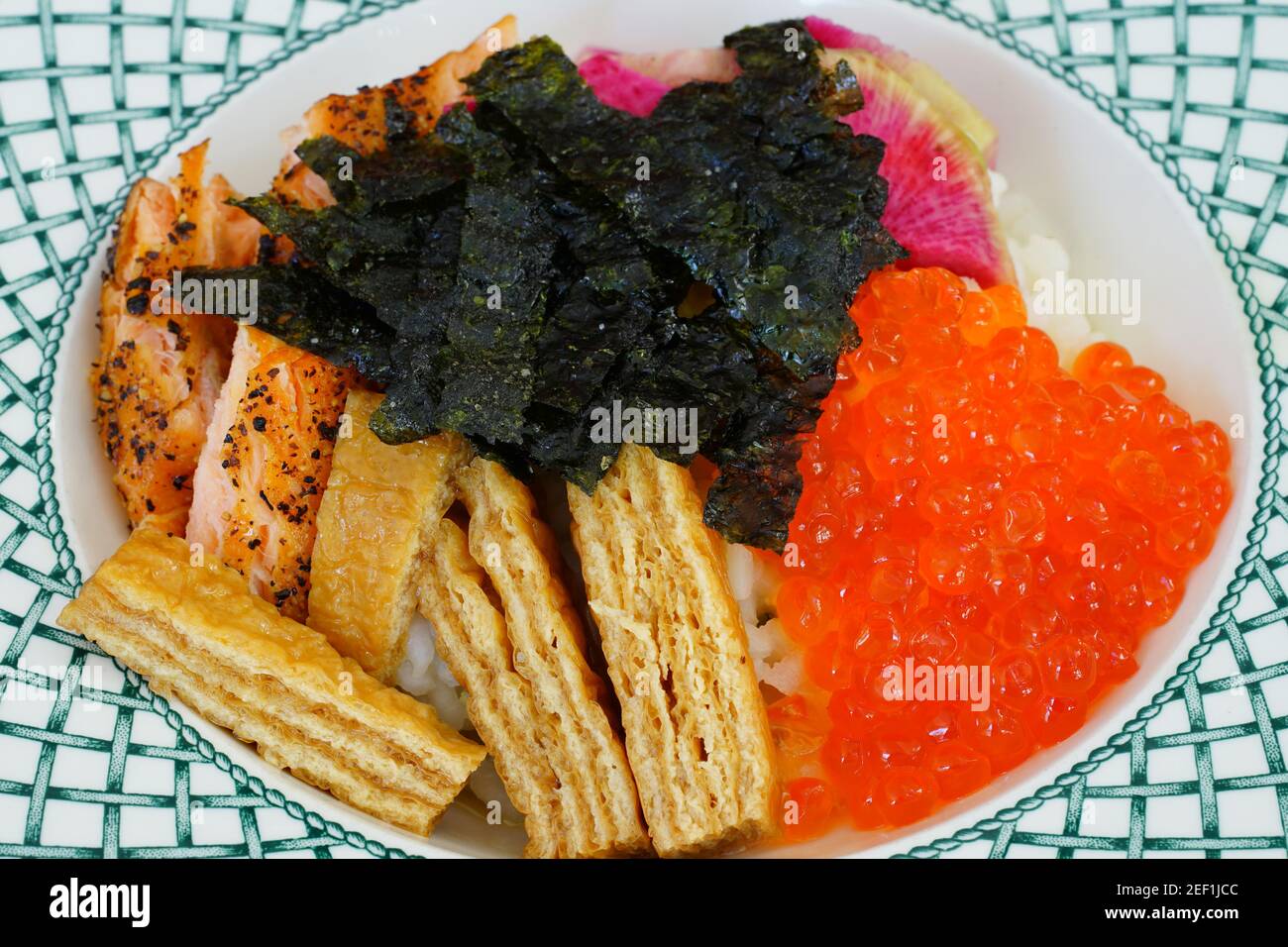 Asian green rice bowl with salmon roe, salmon, roasted seaweed and ...