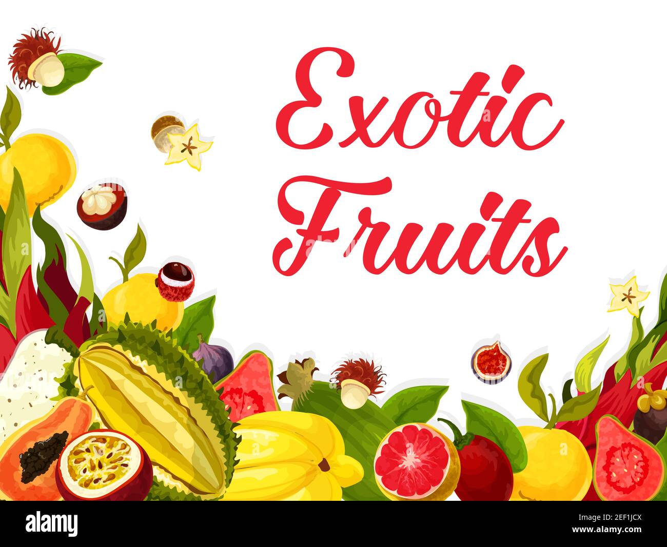 Exotic tropical fruits poster of guava, figs or orange and lichee ...