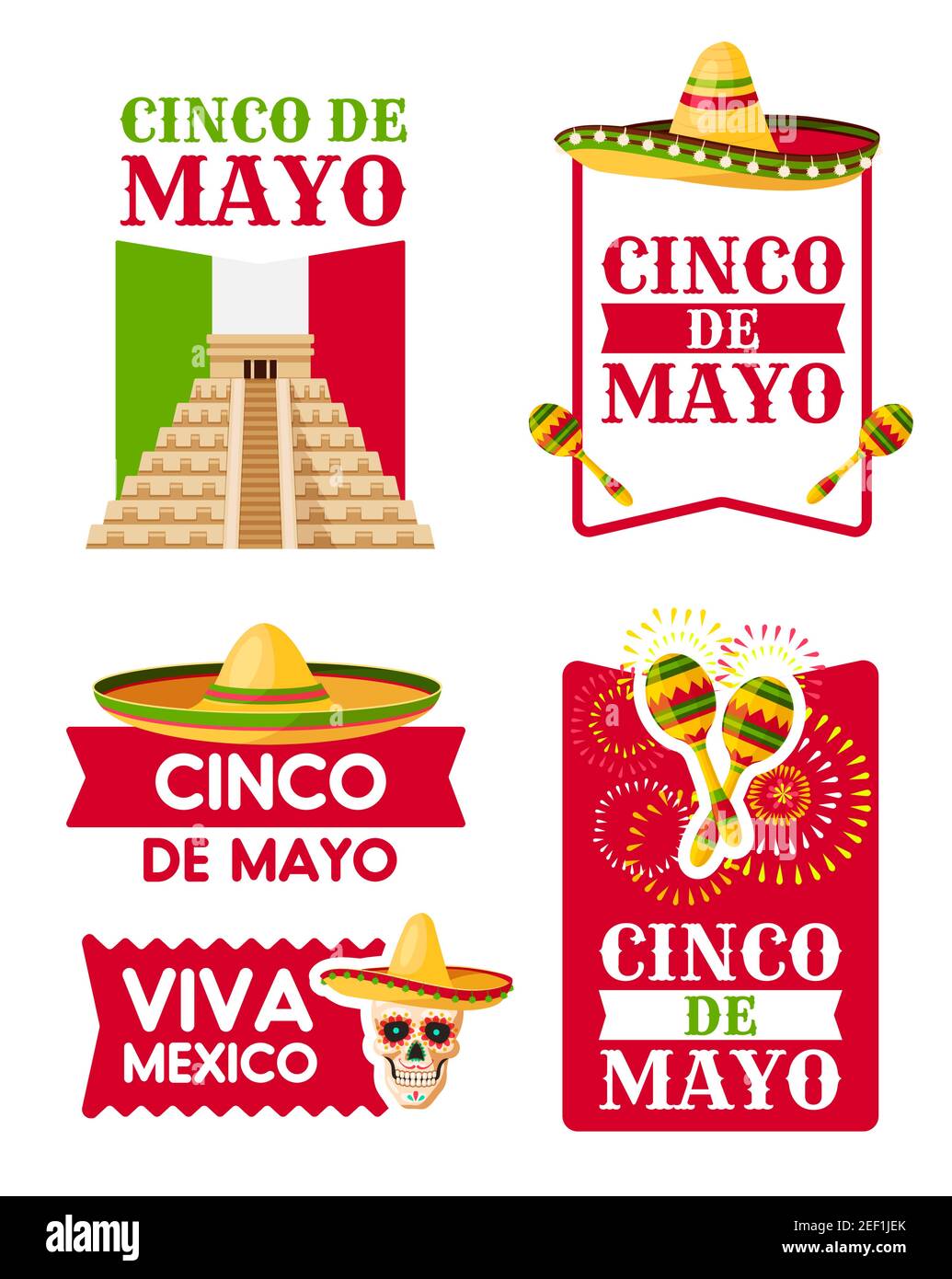Mexican Cinco de Mayo holiday badge set. Sombrero hat, maracas and ...