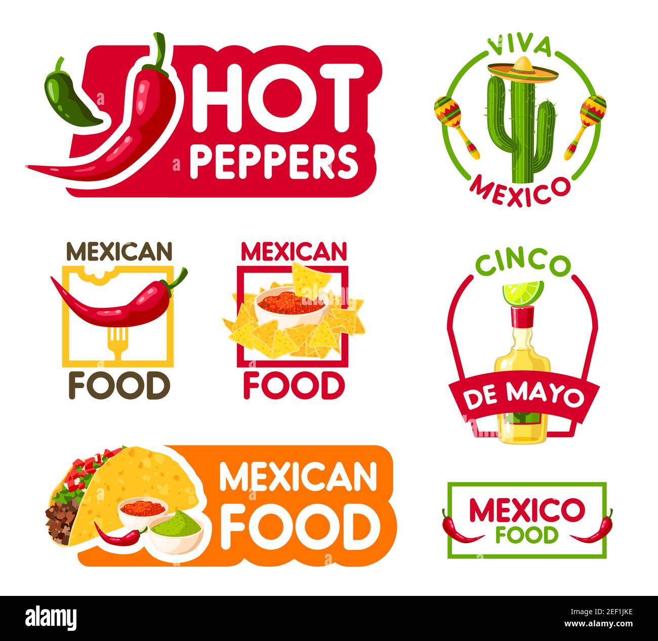 Cinco de Mayo mexican holiday food icon set. Chili pepper, taco and ...