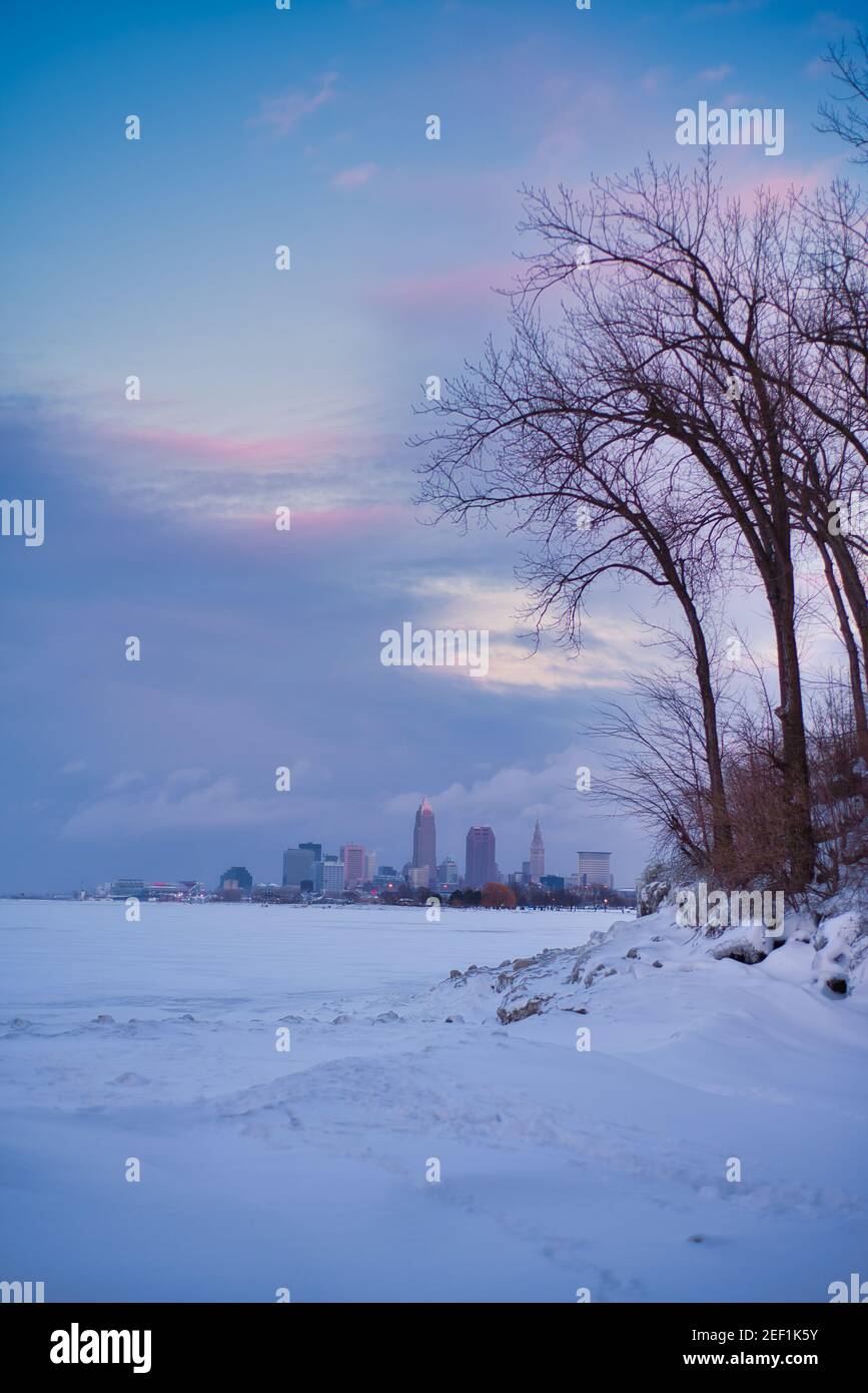 Cleveland ohio skyline during winter with frozen lake erie Stock Photo ...