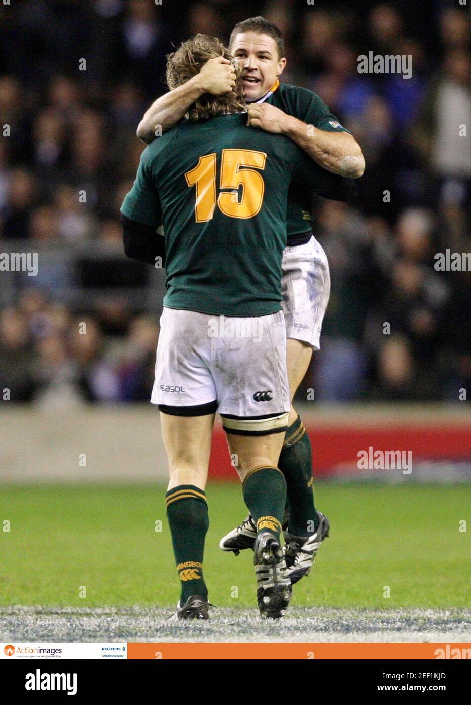 South africas andre pretorius celebrates a drop kick hi-res stock ...