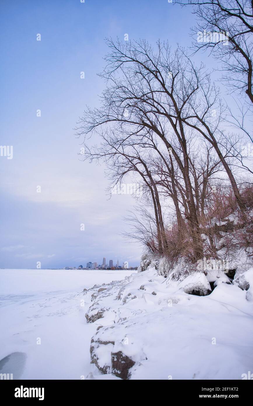 Cleveland ohio skyline during winter with frozen lake erie Stock Photo ...