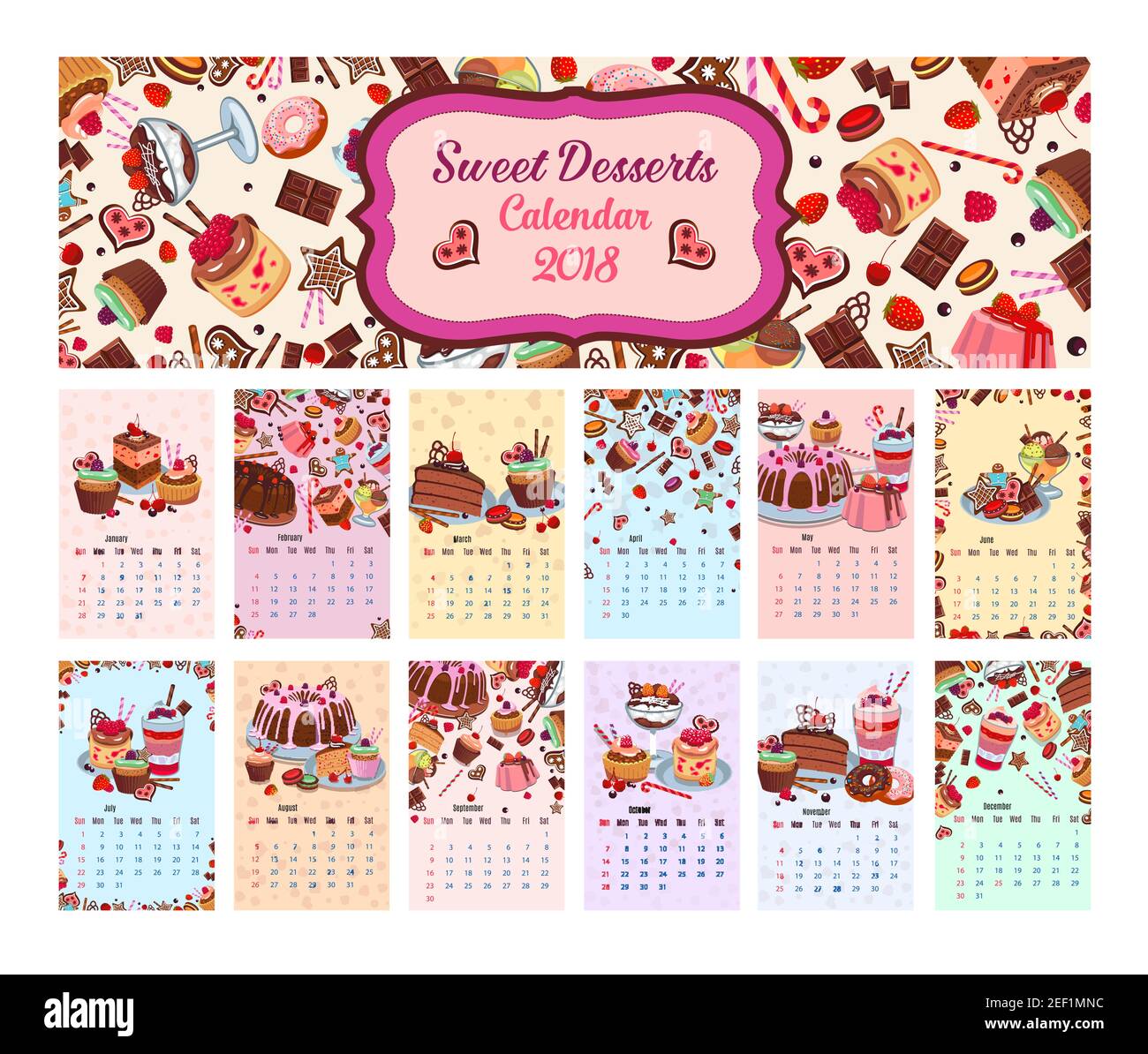 Desserts calendar 2018 template for bakery or pastry shop Vector design ...