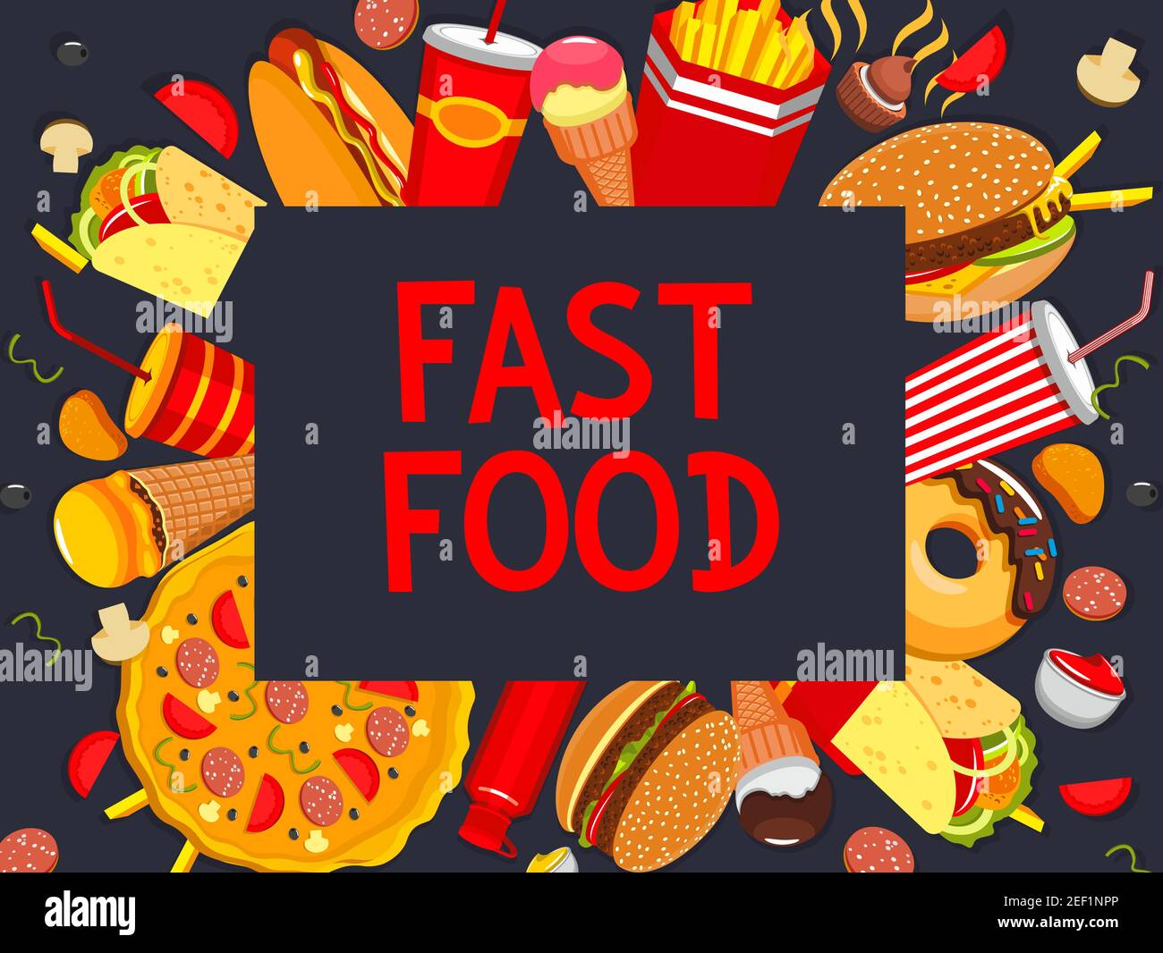 Fast food burgers and sandwiches or pizza and desserts poster for fast ...