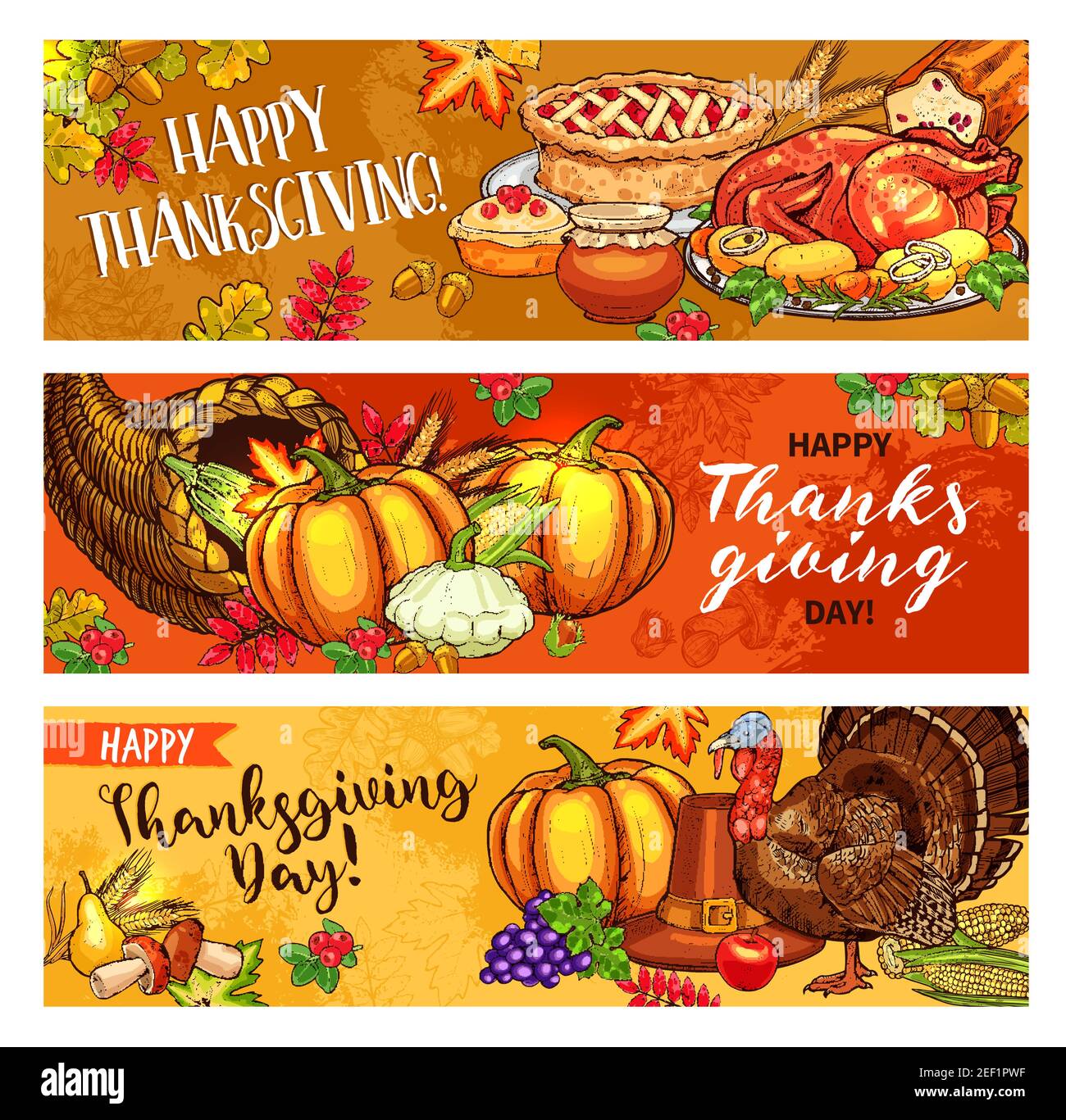 Thanksgiving Day greeting sketch banners of seasonal autumn cornucopia ...