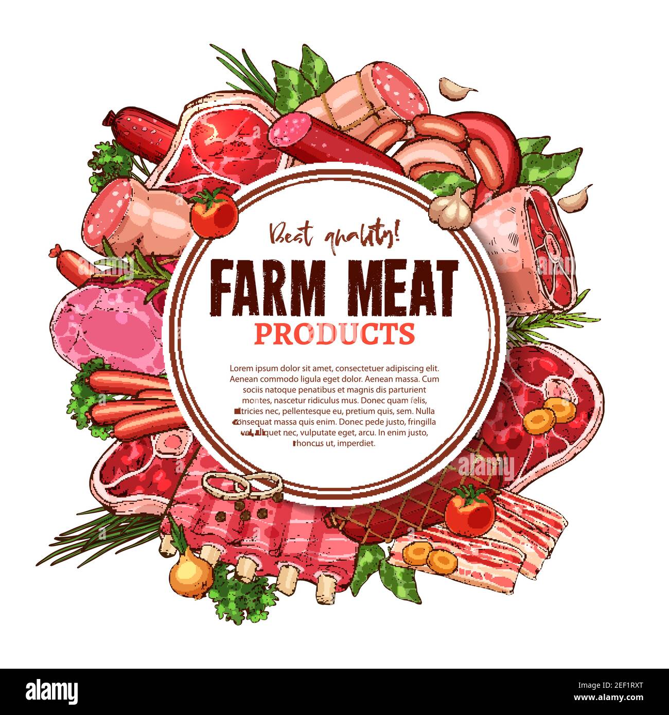 Fresh farm meat poster sketch for butcher shop or butchery market ...
