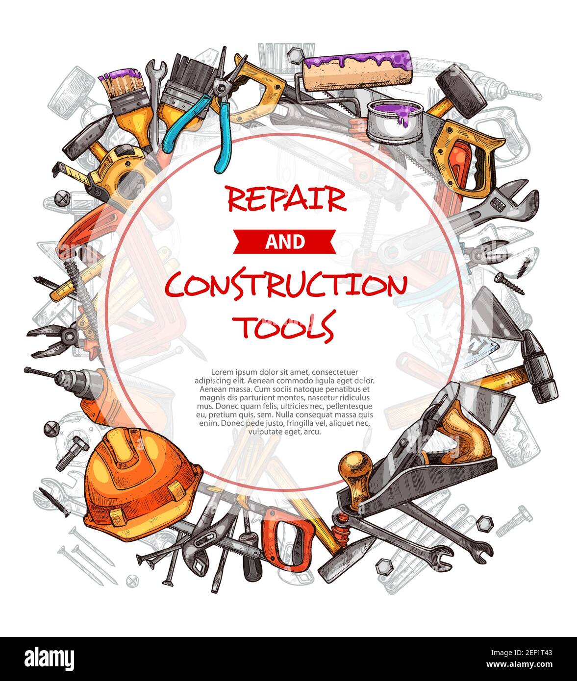 Repair and construction work tools sketch poster. Vector hammer ...
