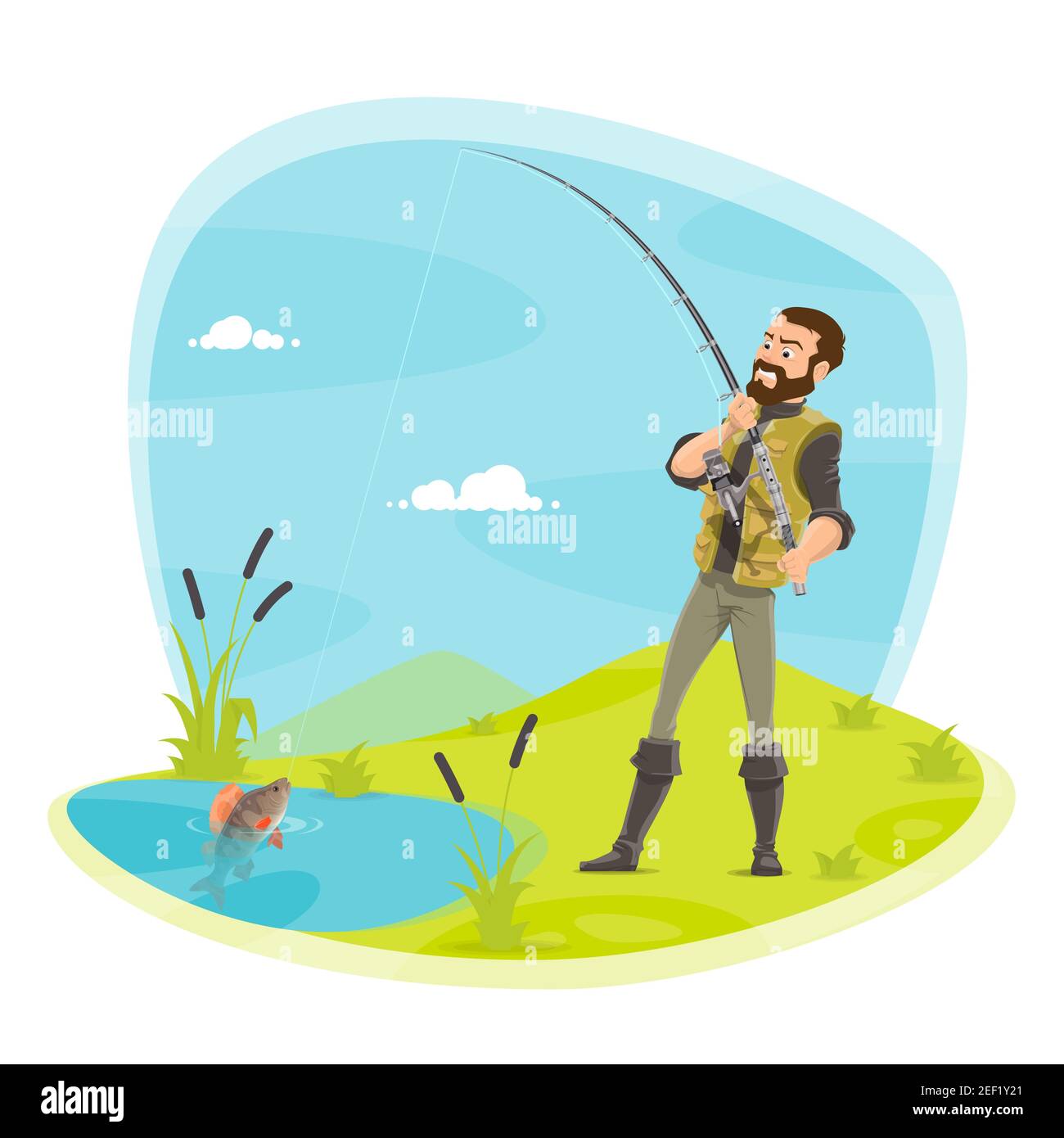 Fisherman on fishing with fish catch on rod hook pulling from lake ...