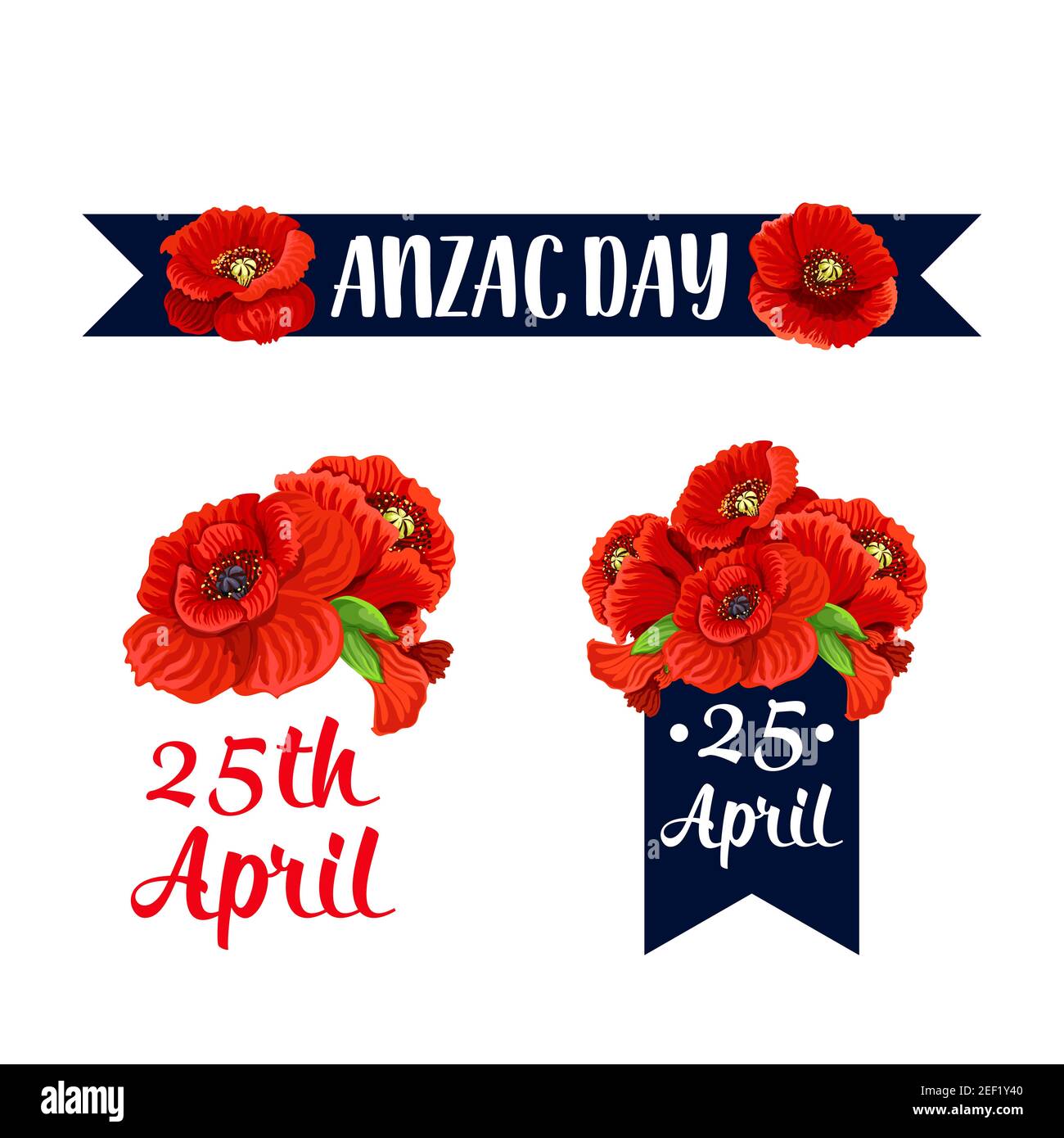 Anzac Day red poppy icons and 25 April Australian and New Zealand war ...