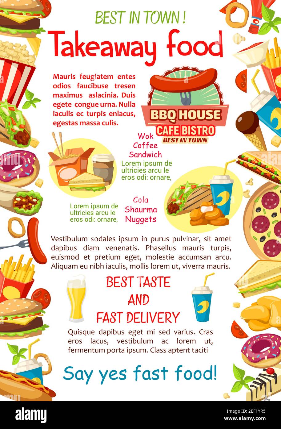 Fast food takeaway food restaurant or street food cafe poster design ...